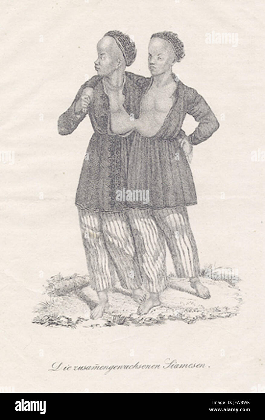 This German lithograph portrays Chang and Eng, the famous Siamese twins ...
