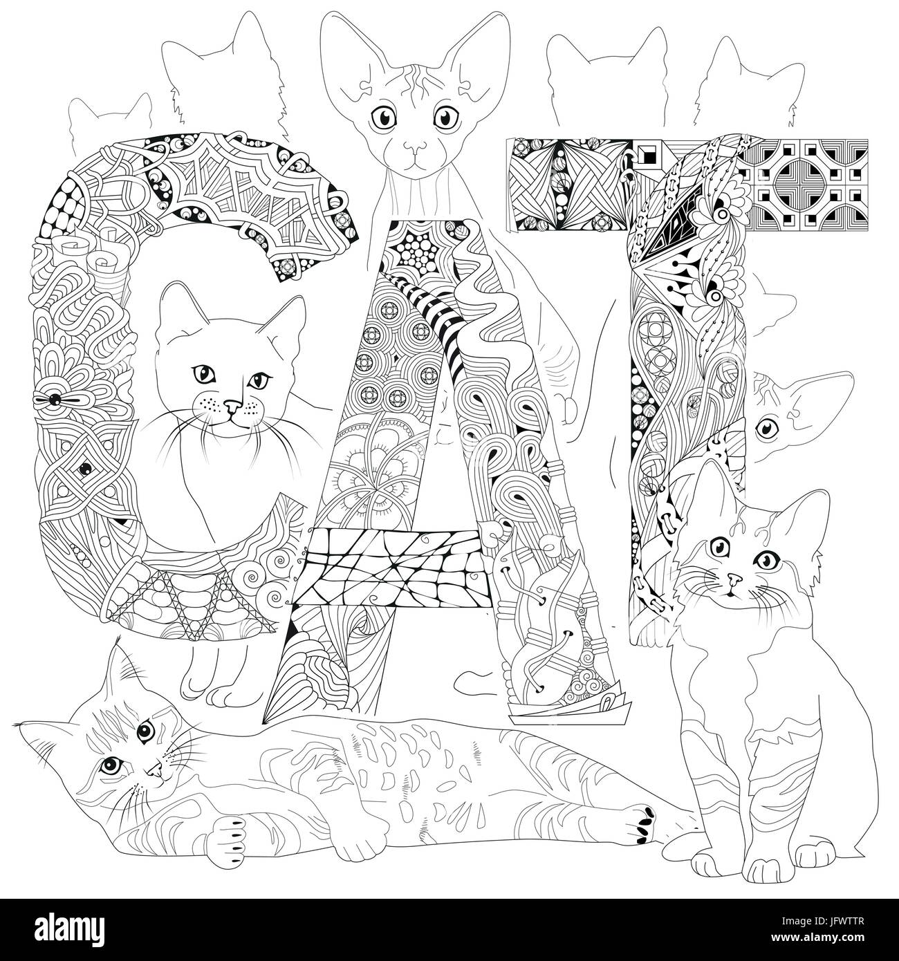 Word Cat For Coloring Vector Decorative Zentangle Objects Stock Vector