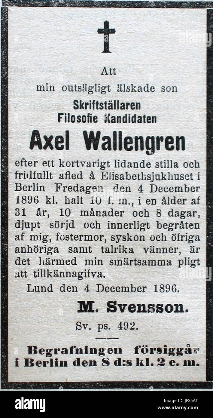Axel Wallengrens dödsannons Stock Photo - Alamy