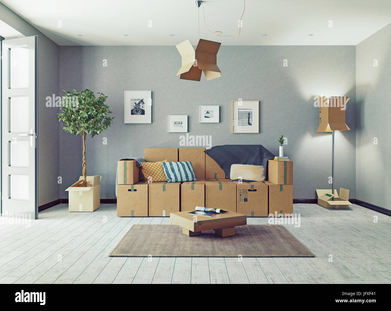 The room with card cardboard boxes instead of furniture. 3d concept ...