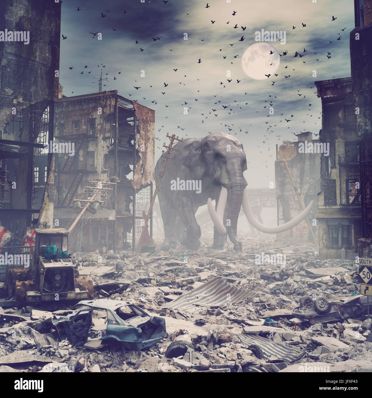 giant elephant in destroyed city. creative concept. 3d concept. Noise ...