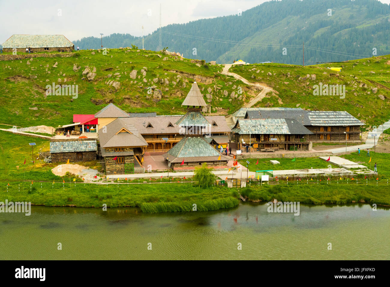 Ancient Prashar Lake Temple view with Prashar Holy water Pond and Green ...