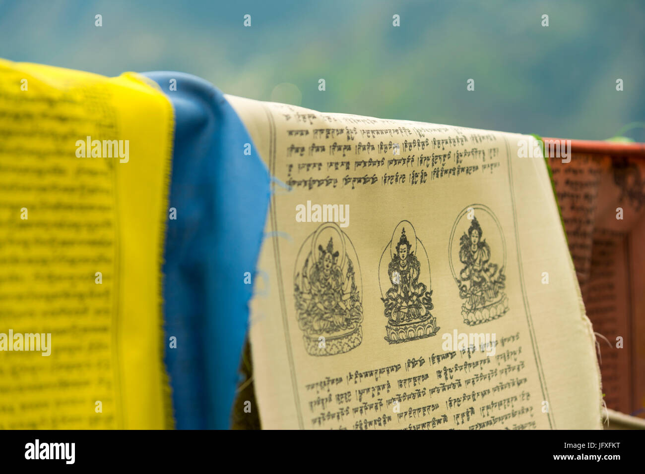 colorful Tibetan prayer flags with detail long text and culture ...