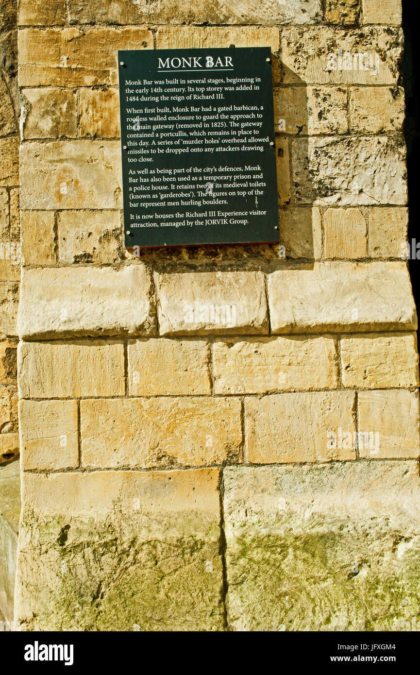 Monk Bar information plaque, Monk Bar, York Stock Photo - Alamy