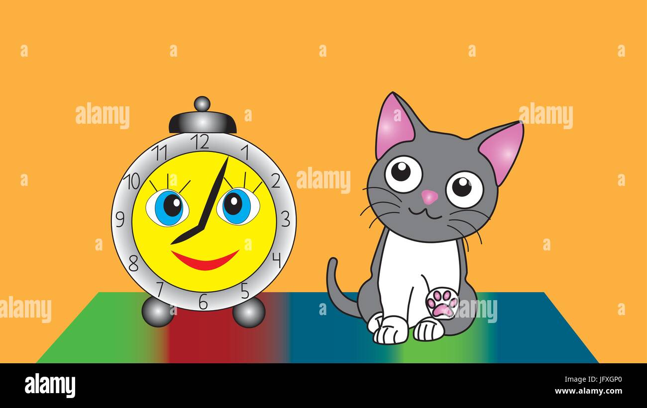 Gray kitten and funny alarm clock isolated orange background Stock ...