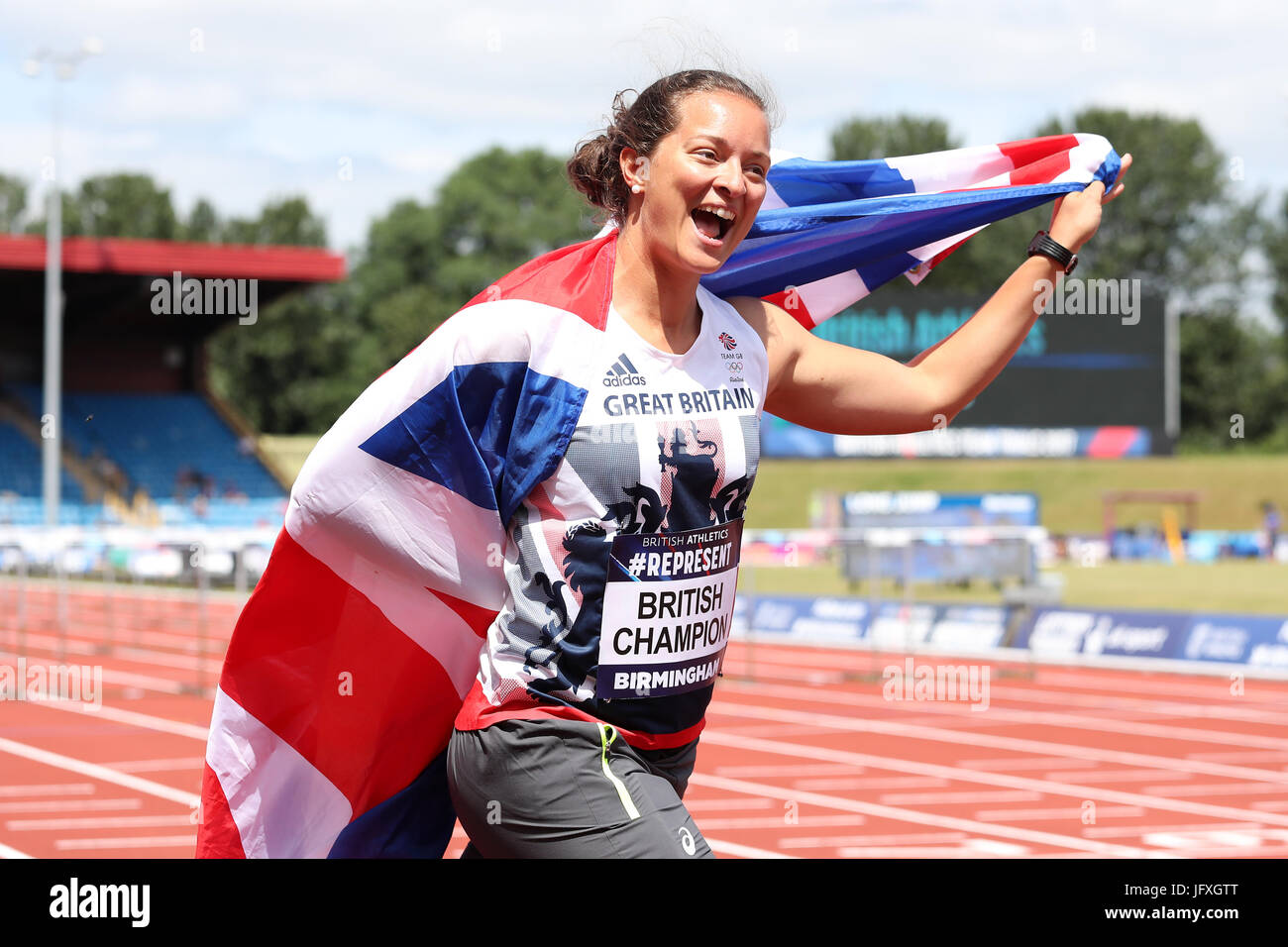 Jade Lally celebrates winning the Women's Discus Throw during day two ...