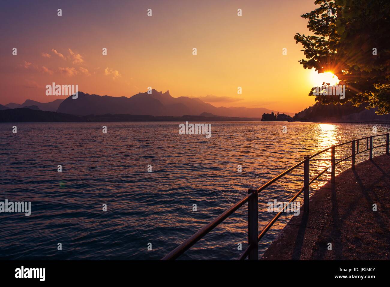 Interlaken. Lake Thun Sunset Scenery, Switzerland Europe Stock Photo ...
