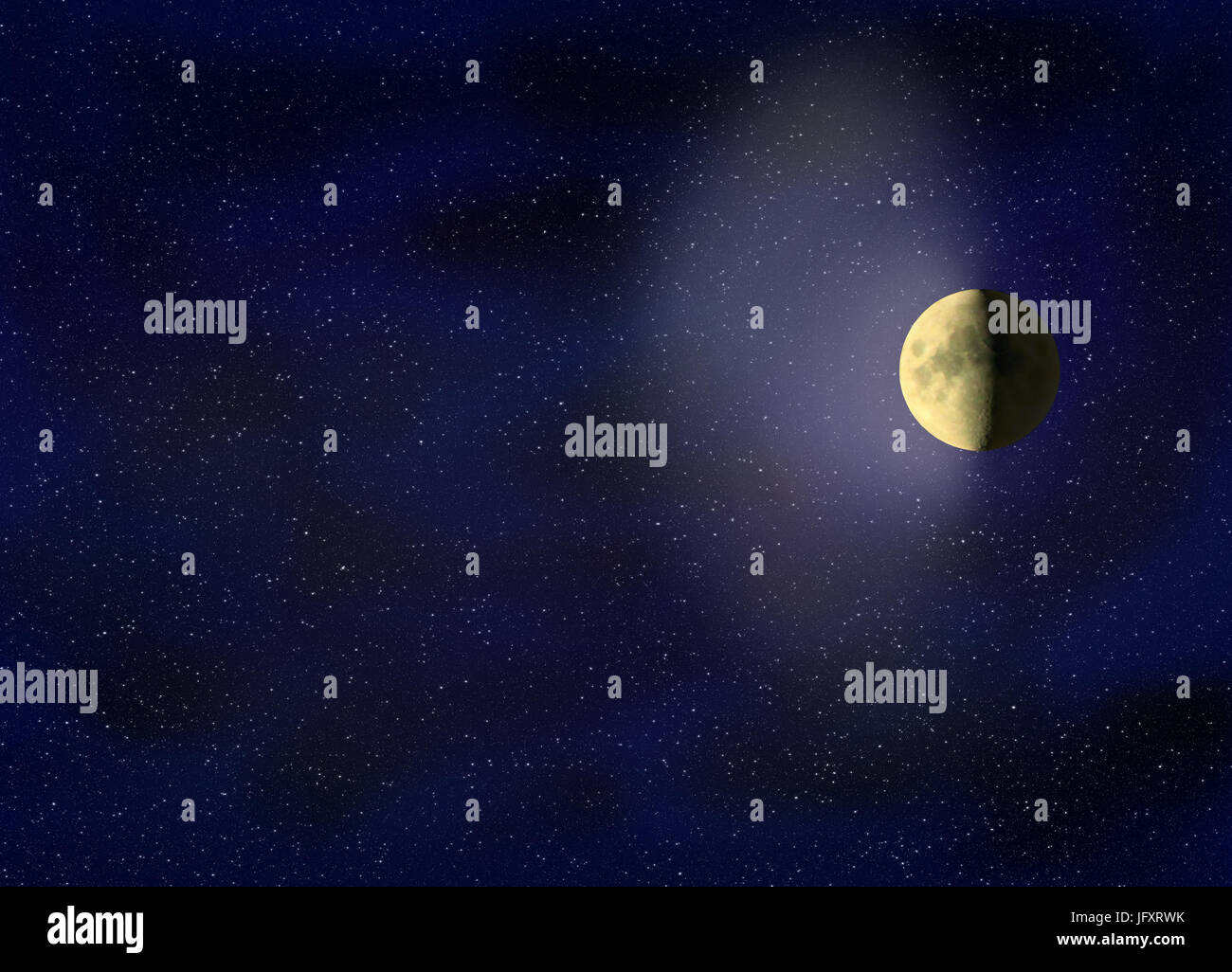 Moon glowing in the dark night sky with stars. Cosmic landscape. Moon ...