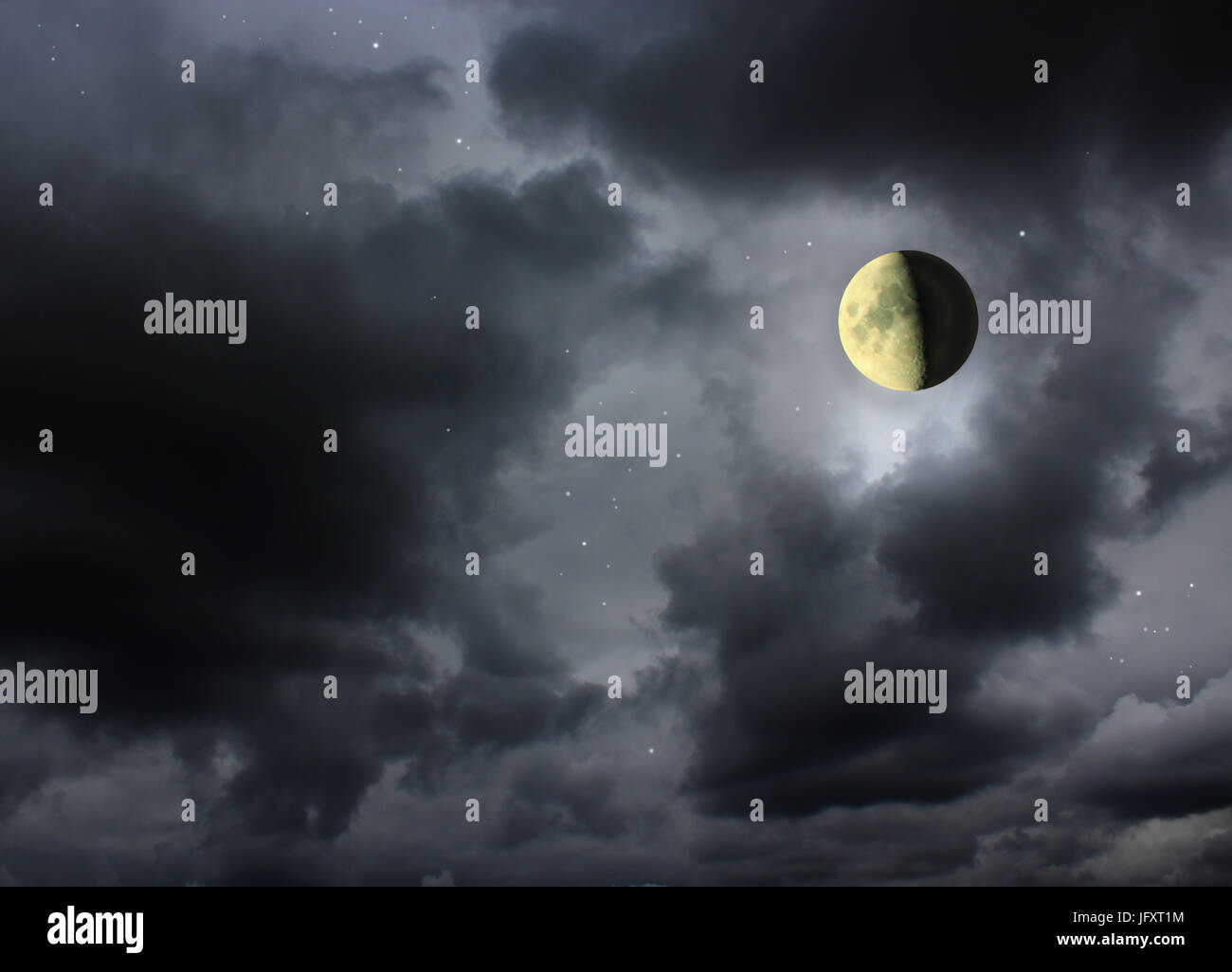 Moon glowing in the dark night sky with stars. Cosmic landscape. Moon ...