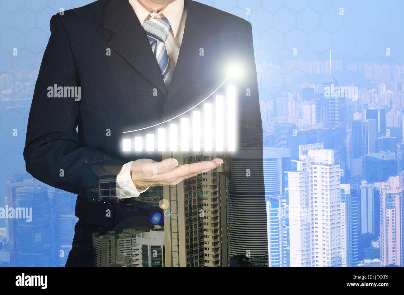 Double exposure of business growth diagram or financial graph chart ...