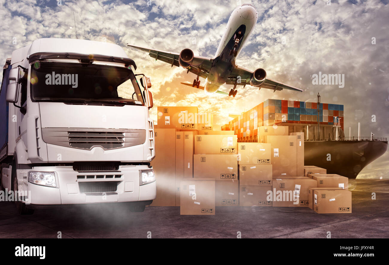 Truck, aircraft and cargo ship ready to start to deliver Stock Photo ...