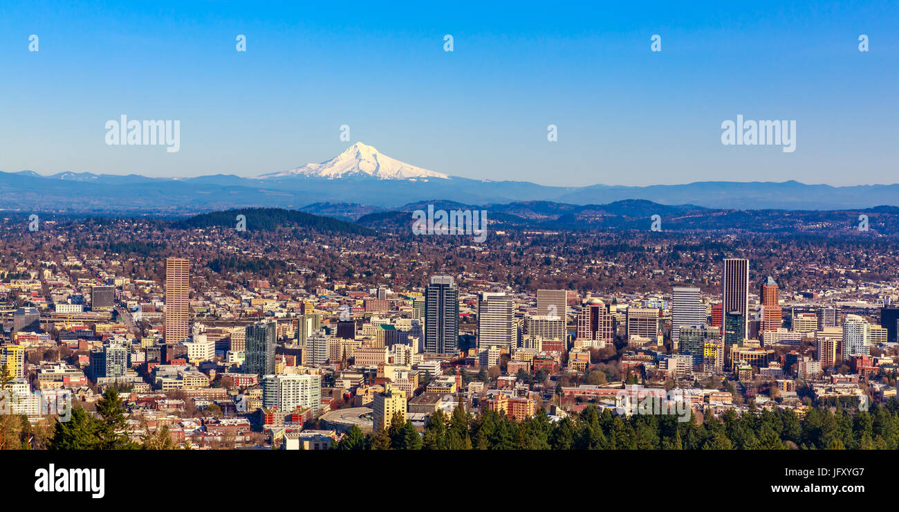 Portland Oregon Downtown Cityscape in the Fall colors, with Mt Hood in ...