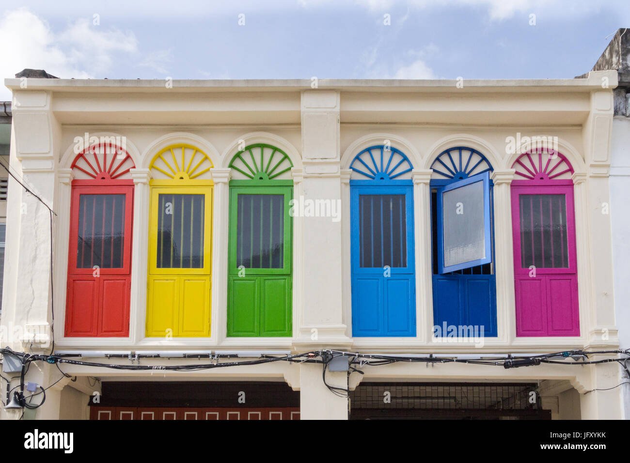 Colourful windows in Thalang Road in old Phuket Town, Thailand Stock ...