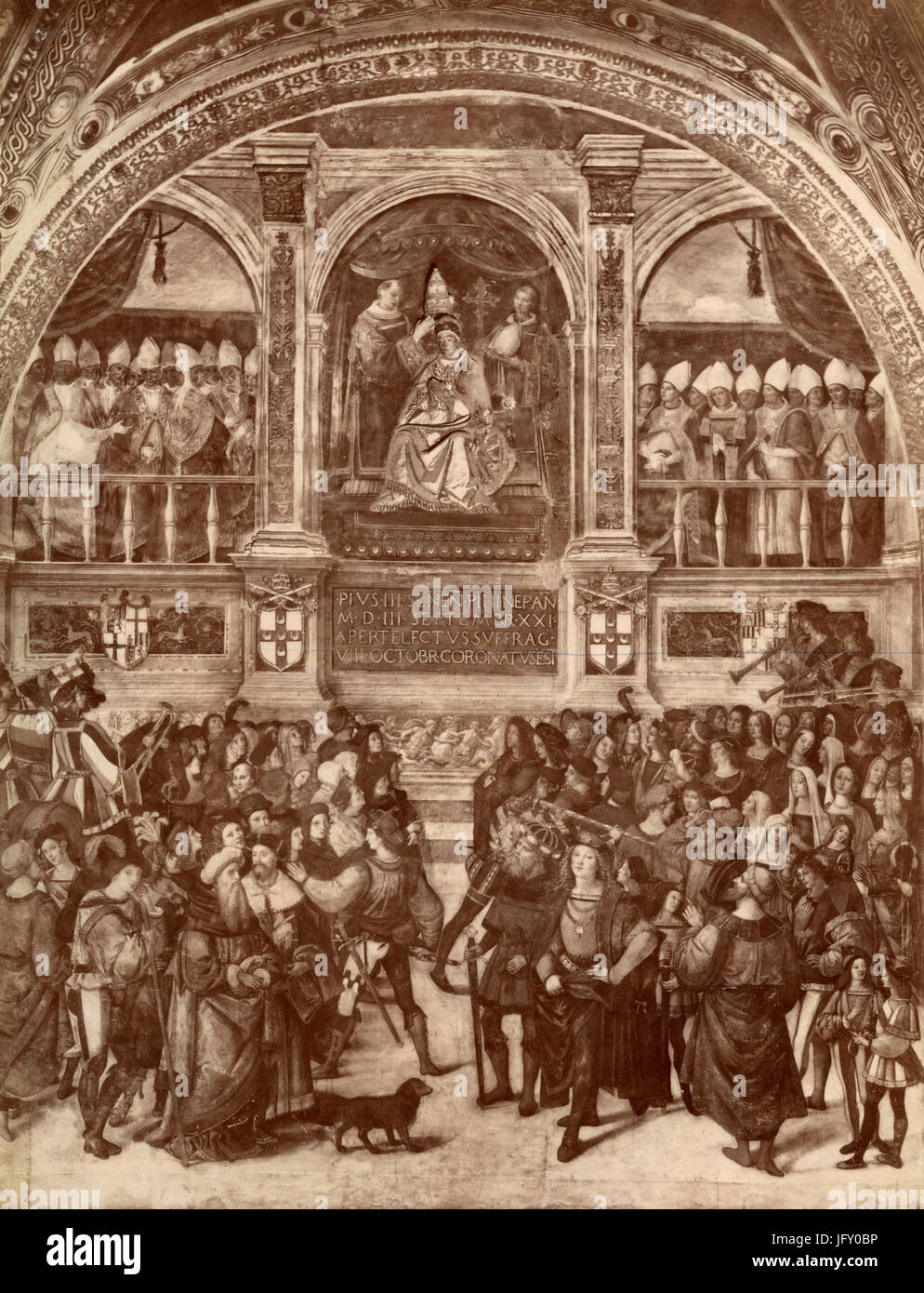 Enea Piccolomini crowned Pope Pius II, frescoed in Libreria Piccolomini ...