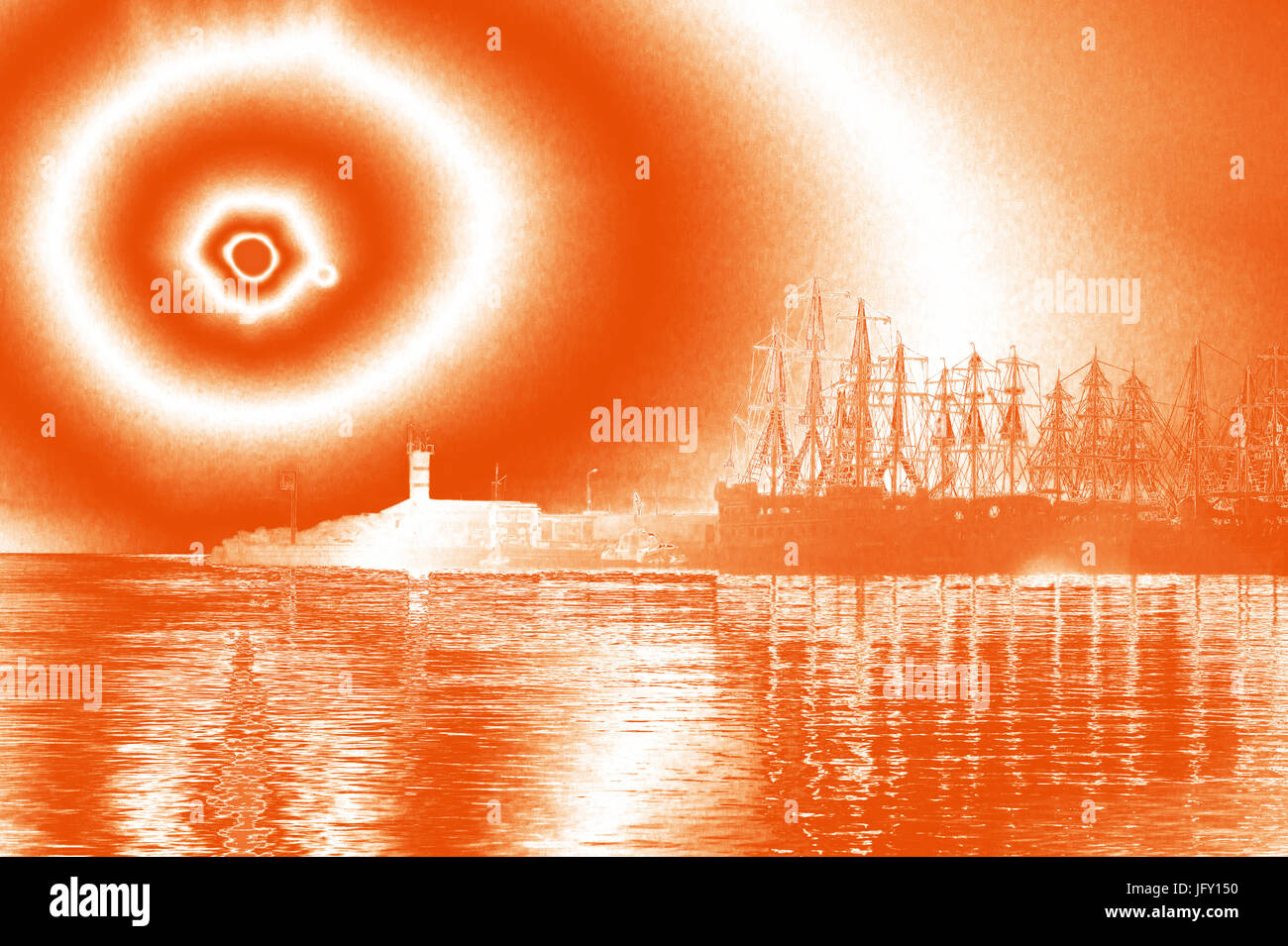 Sailing ships against the backdrop of the setting sun. Processing ...