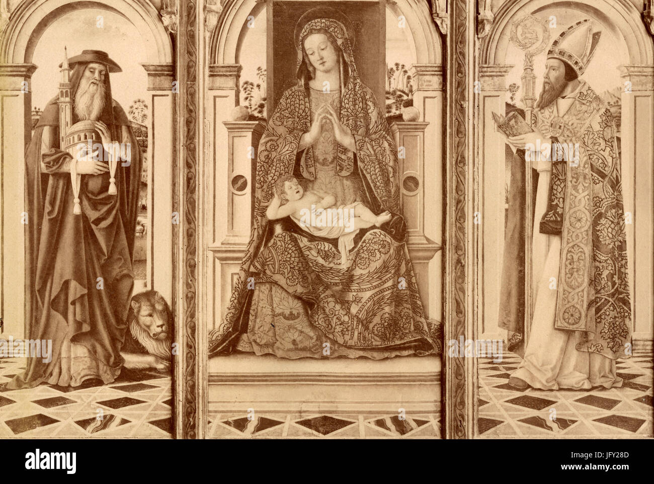 Enthroned Virgin with child, Saints Jerome and Augustine, painting by Quirino da Murano, Italy ...