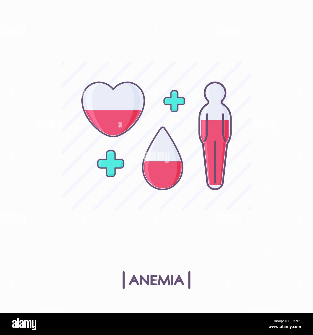 Collection of anemia icons. Heart, drop and human body with low level ...