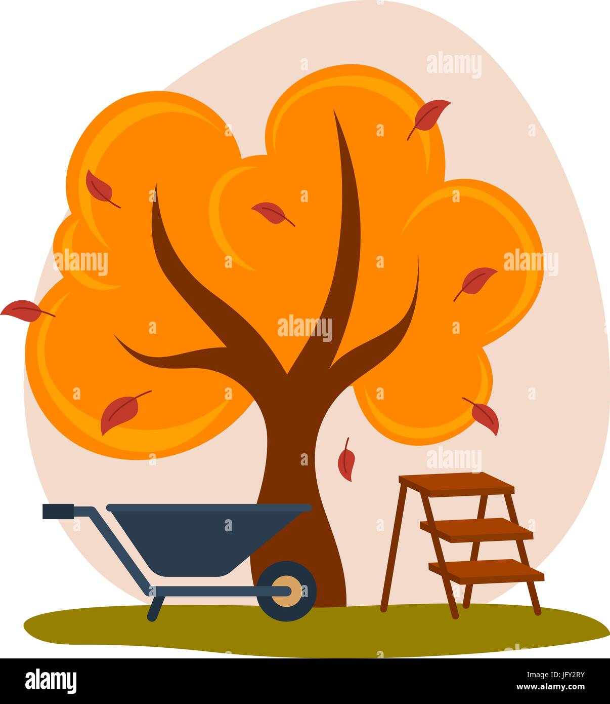 Yellow tree with falling leaves, stairs and cart Stock Vector Image ...