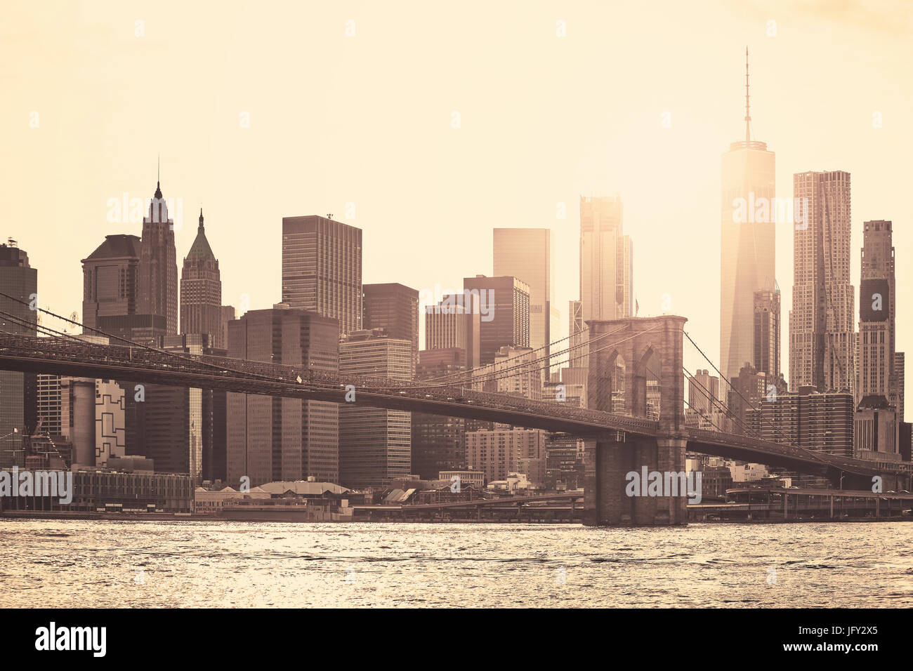 Manhattan at sunset, sepia toning applied, New York City, USA Stock ...