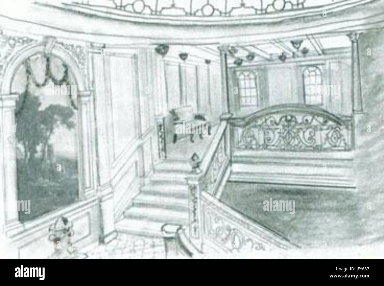 Drawing of the First Class Grand Foyer and Staircase of the RMS ...