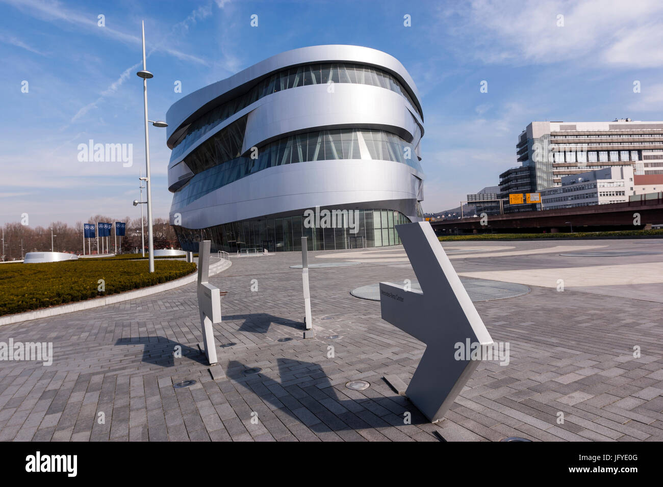 Arrows outside building of Mercedes-Benz Museum, designed by UN Studio ...