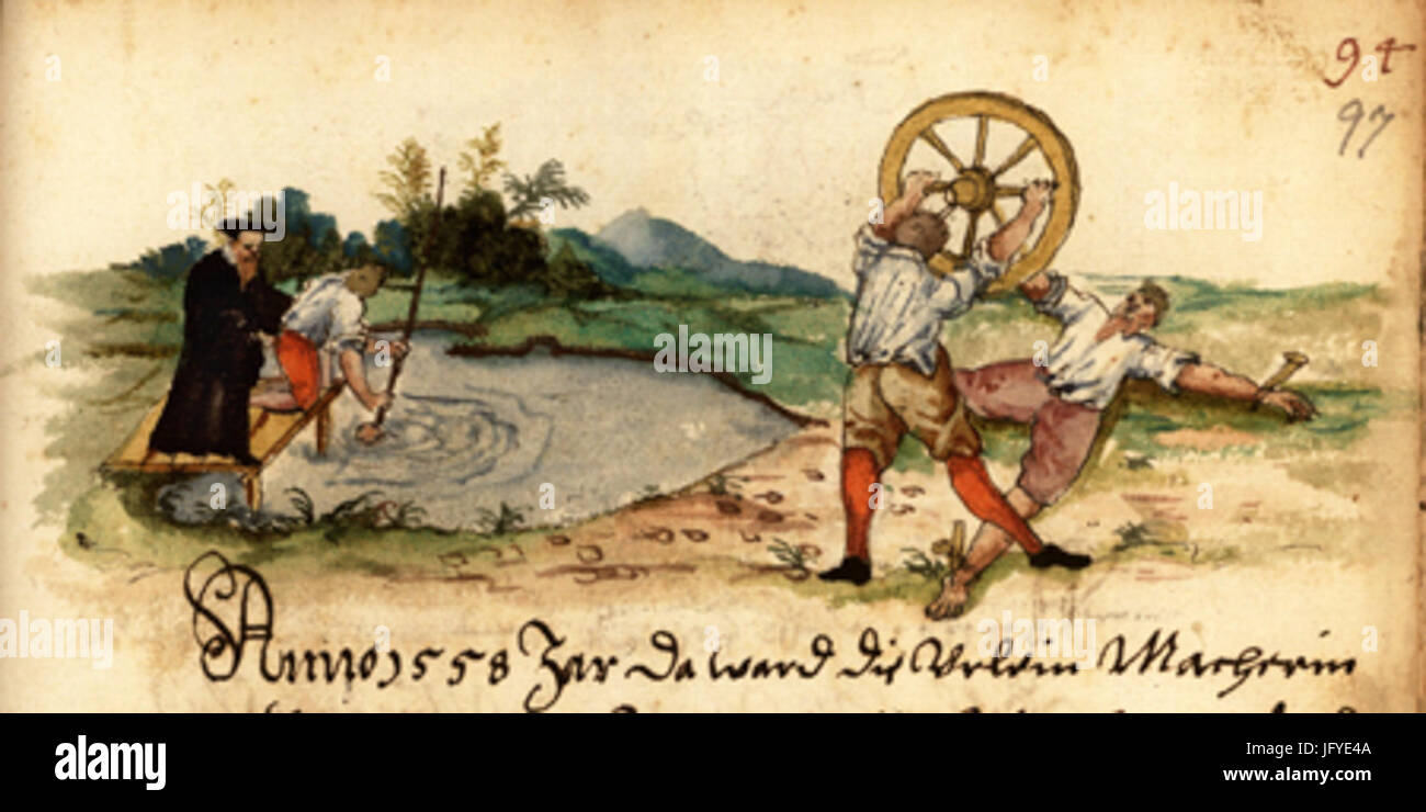 An engraving depicting the drowning of the wheels in Nuremberg, dated ...