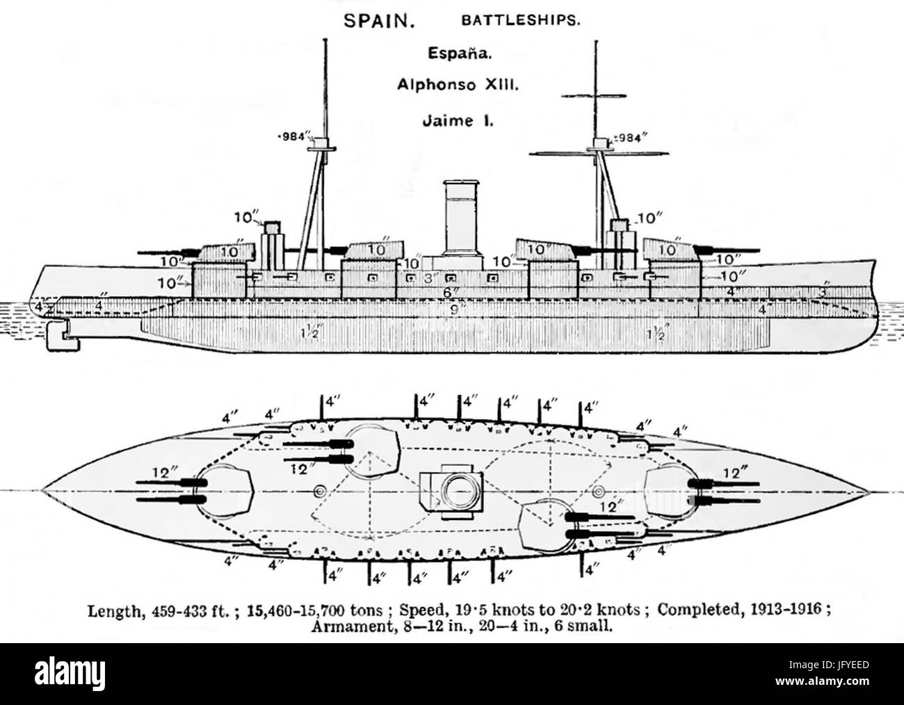 Espaơ3B1a class battleship diagrams Brasseys 1923 Stock Photo - Alamy