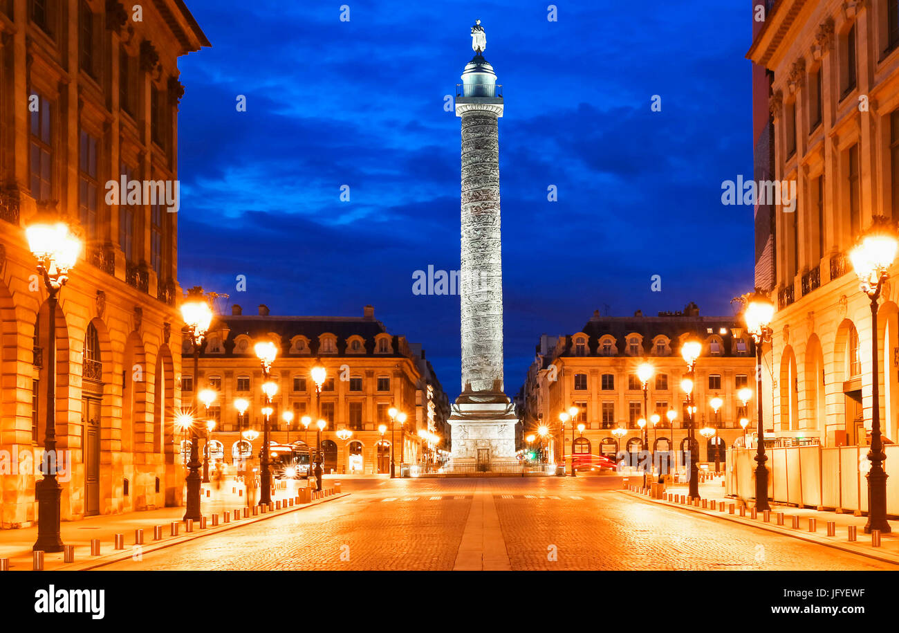 The Vendome column , the Place Vendome at night, Paris, France Stock ...