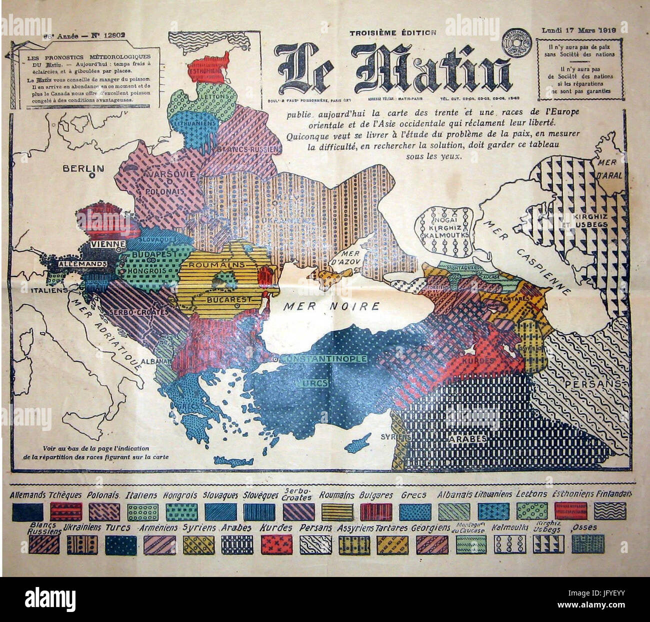 Ethnographic map of Europe and Asia minor, Le Matin 17.03.1919 Stock ...