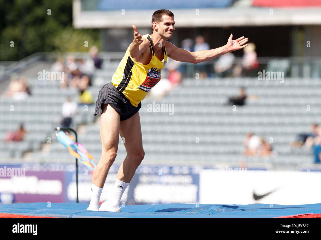 Robbie Grabarz celebrates winning the Mens High Jump Final during day ...
