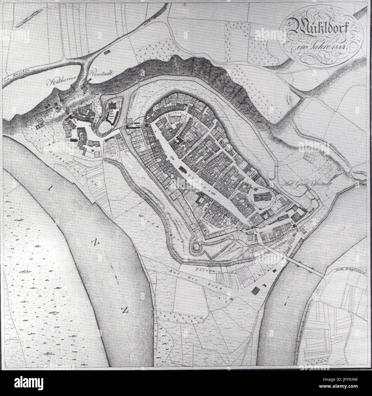A 1814 land registry map (Flurkarte) of Mühldorf, showcasing the land ...