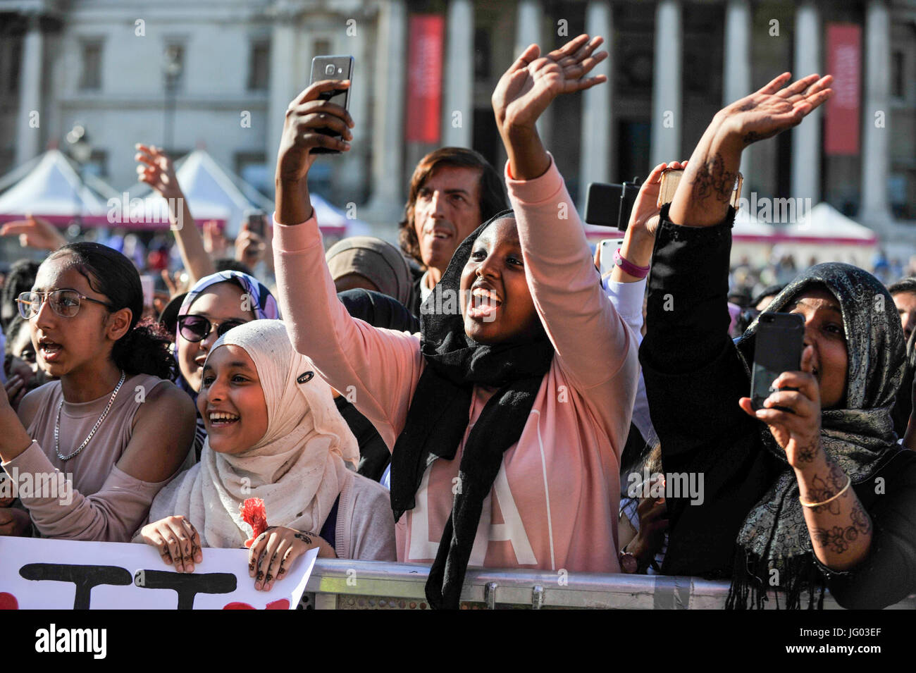 London, UK. 2 July 2017. Fans watch Harris J, a British Muslim singer ...