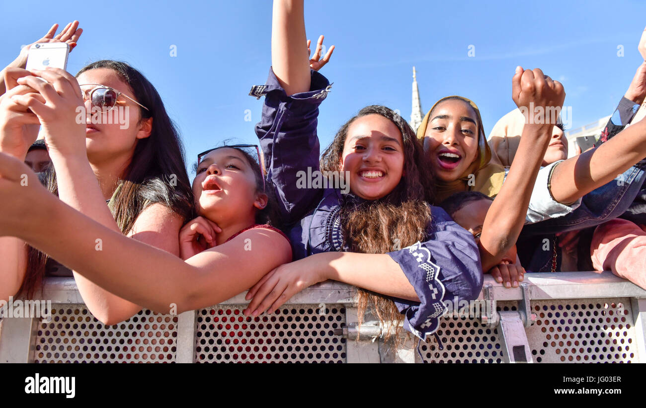 London, UK. 2 July 2017. Fans watch Harris J, a British Muslim singer ...