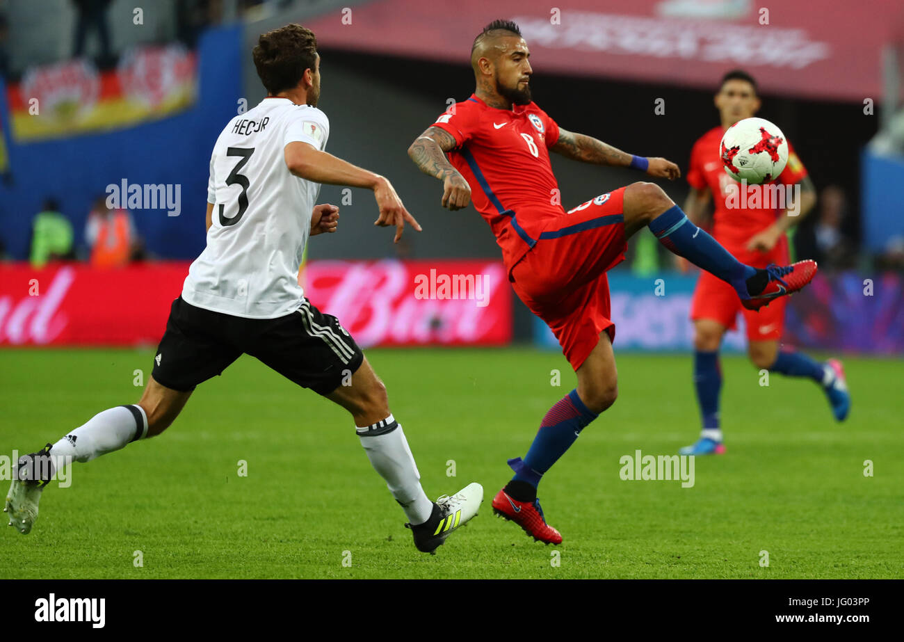 Saint Petersburg, Russia. 2nd July, 2017. Chile's Arturo Vidal (r) and ...