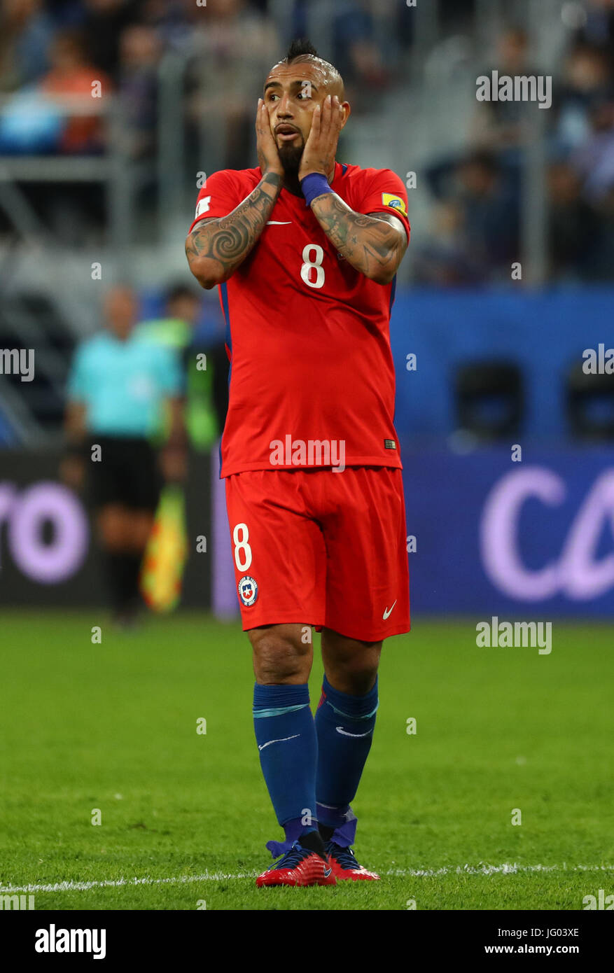 Saint Petersburg, Russia. 2nd July, 2017. Chile's Arturo Vidal reacts ...