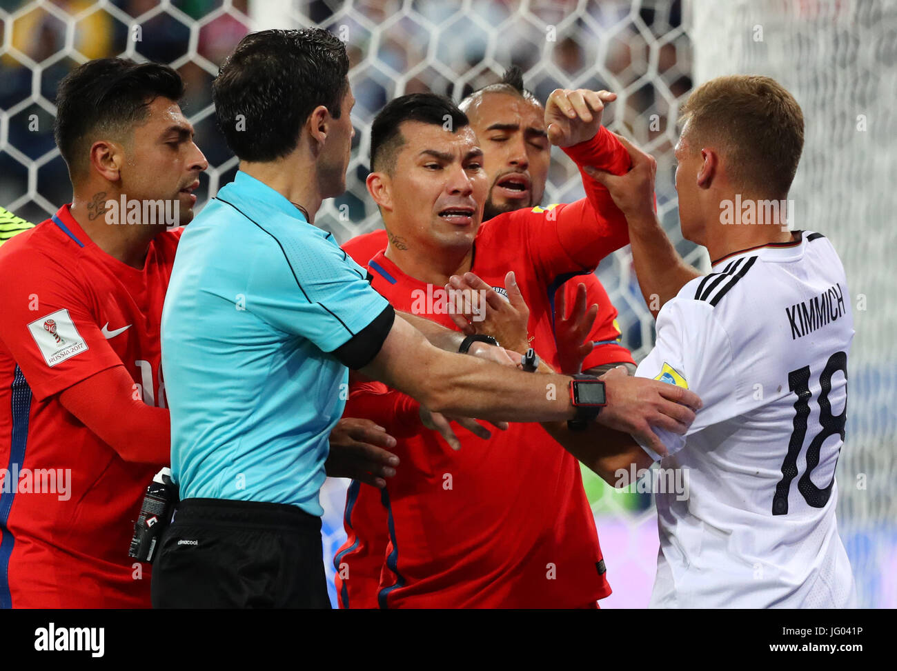 Saint Petersburg, Russia. 2nd July, 2017. Chile's Gary Medel (c) and ...