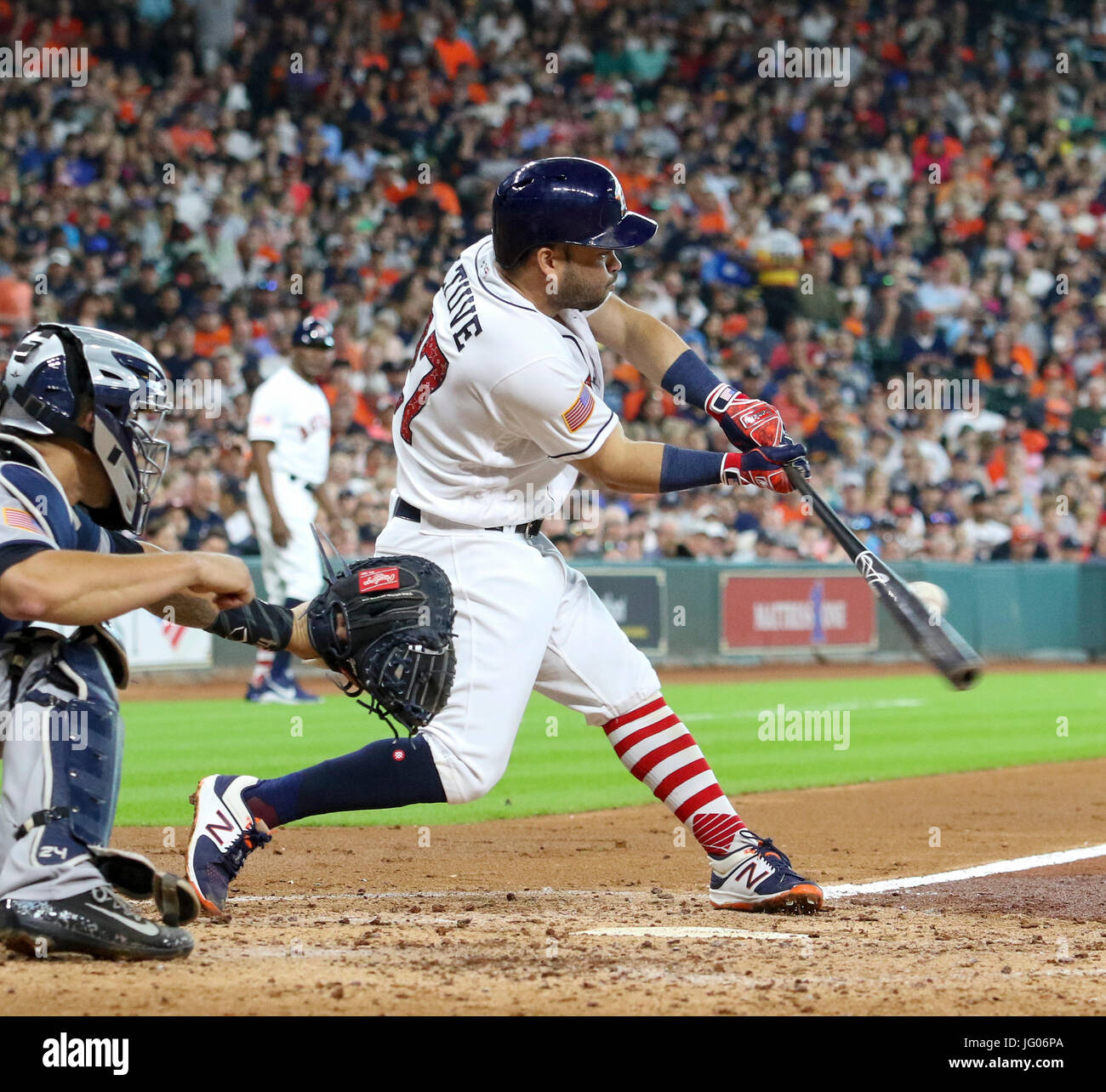 Houston, TX, USA. 2nd July, 2017. Houston Astros second baseman Jose Altuve (27) grounds out in ...