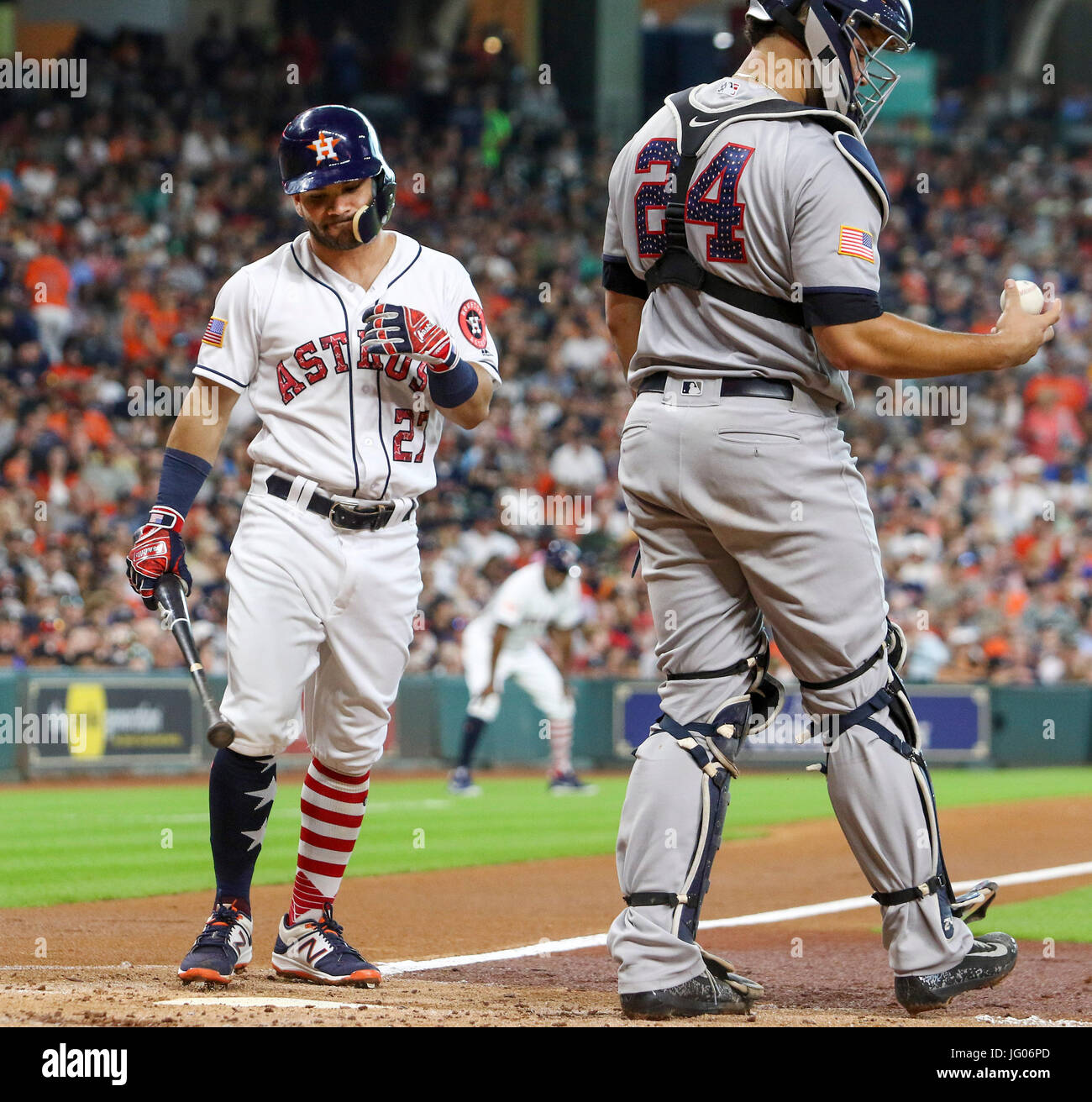 Houston, TX, USA. 2nd July, 2017. Houston Astros second baseman Jose Altuve (27) reacts after ...