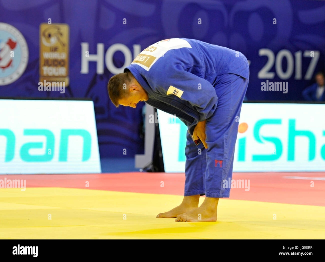 Czech judoka Lukas Krpalek hurts back pain during the Grand Prix in Chu ...
