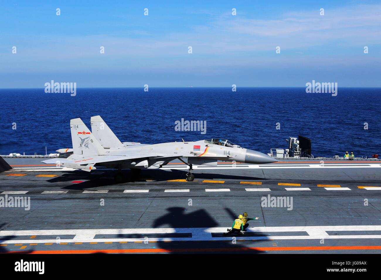Aboard Liaoning Aircraft Carrier. 1st July, 2017. A carrier-borne J-15 ...