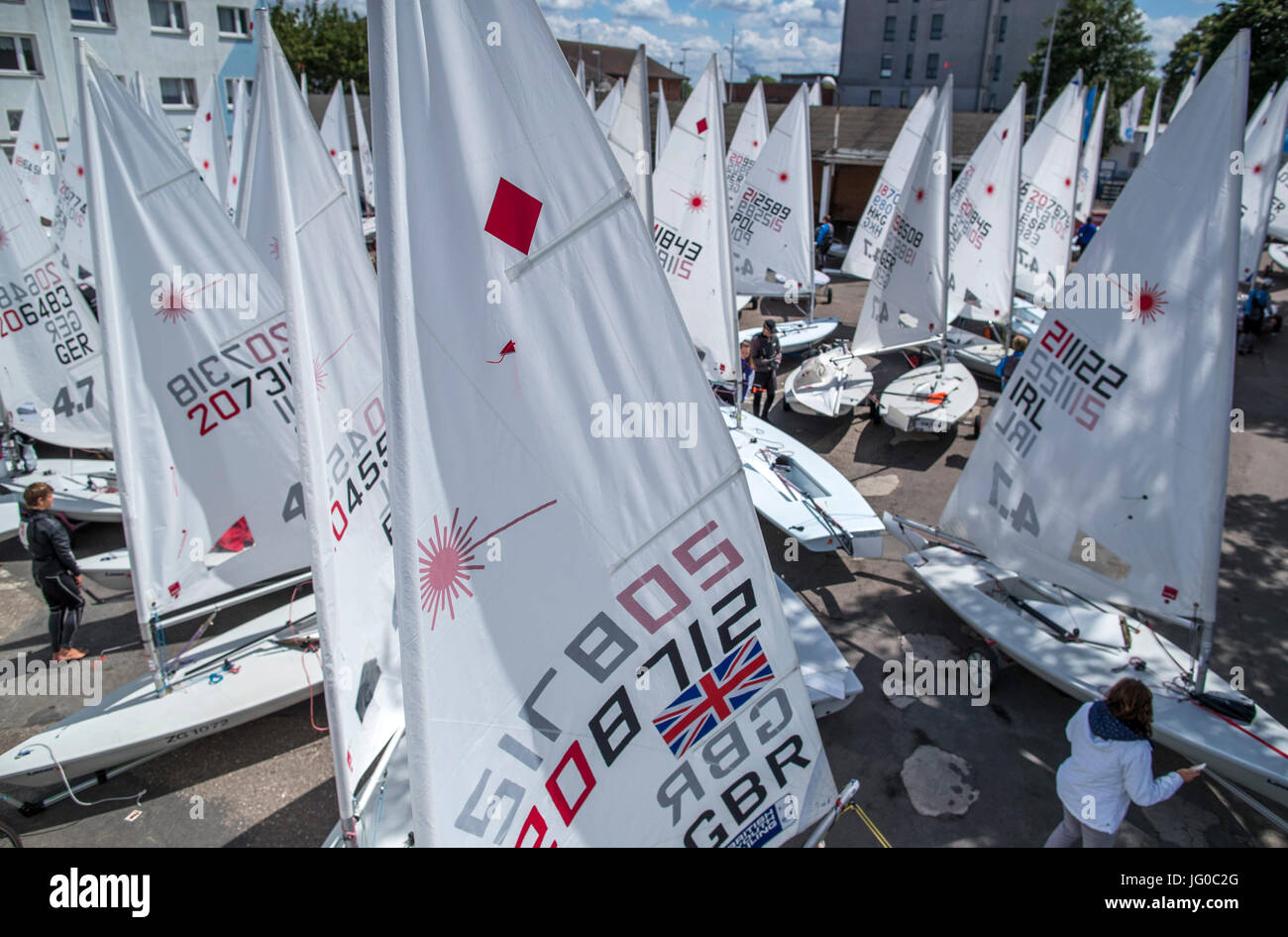 Rostock-Warnemuende, Germany. 3rd July, 2017. Laser-class boats are ...