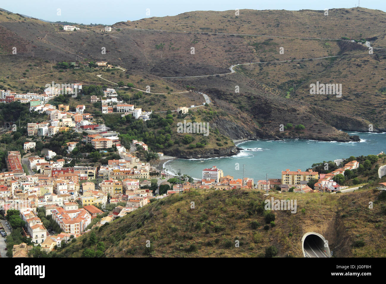 Aerial view village of Portbou in Girona, Costa Brava, Spain Stock ...