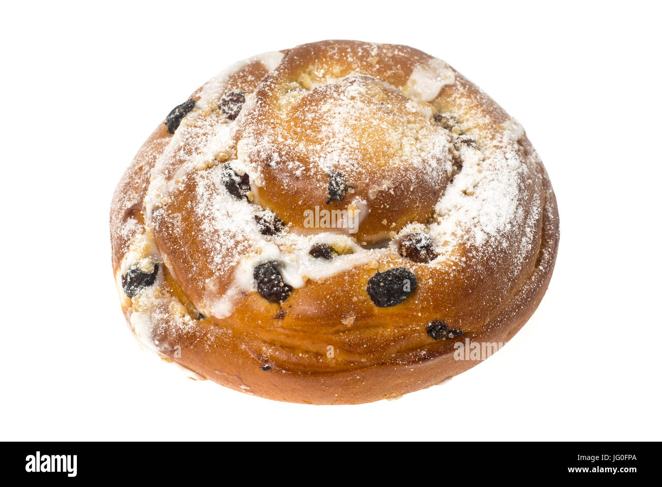 Breakfast. Fresh sweet bun with powdered sugar and raisins on white ...