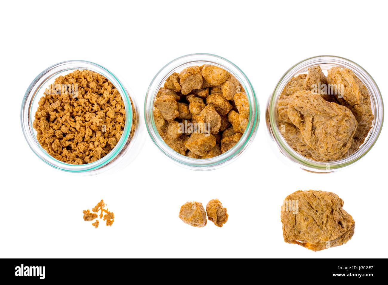 Different types of textured soy protein (meat) on white background ...