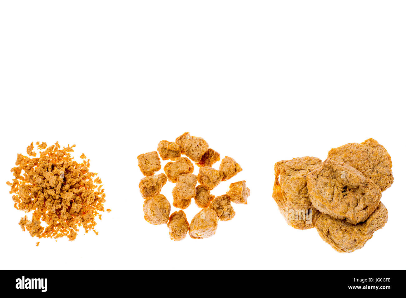 Different types of textured soy protein (meat) on white background ...