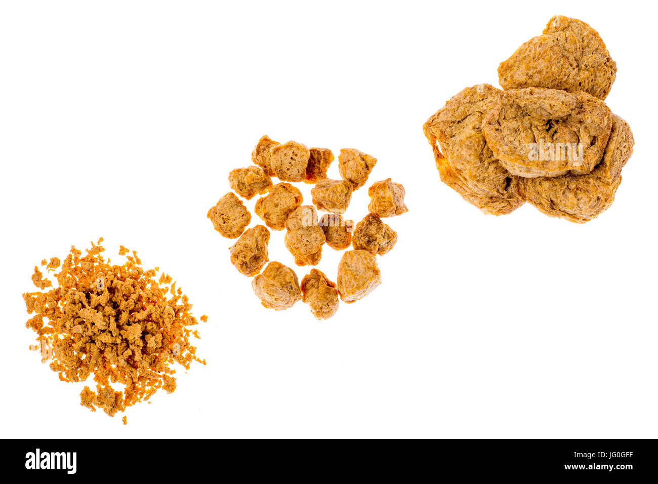 Different types of textured soy protein (meat) on white background ...