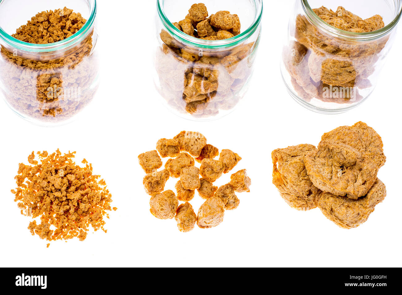 Different types of textured soy protein (meat) on white background ...
