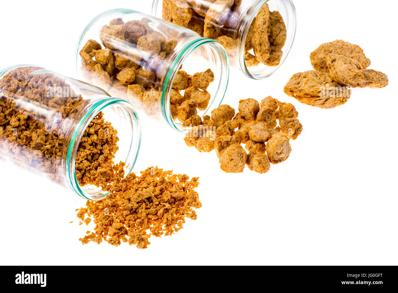 Different types of textured soy protein (meat) on white background ...
