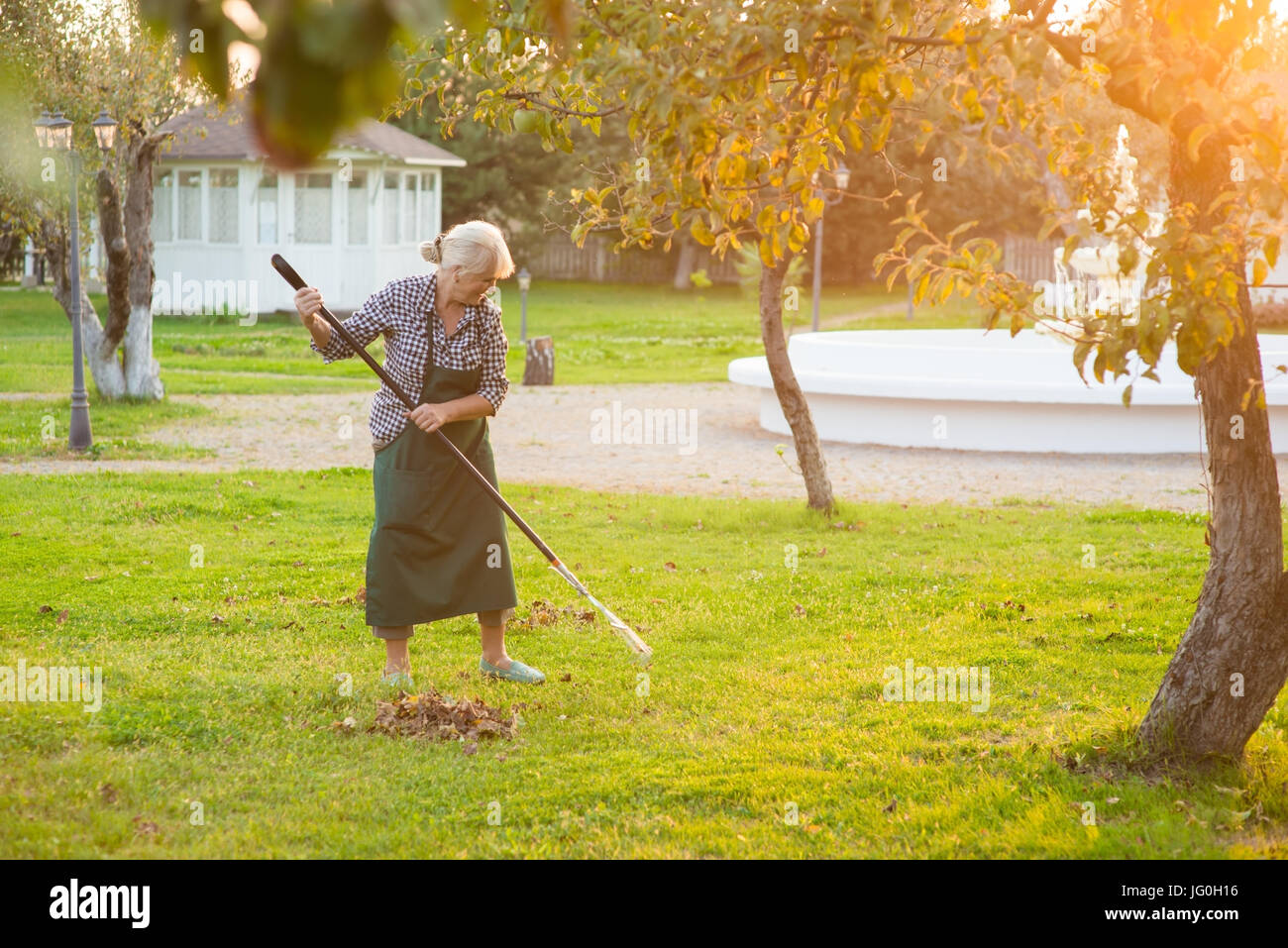 Woman with rake in garden Stock Photo - Alamy