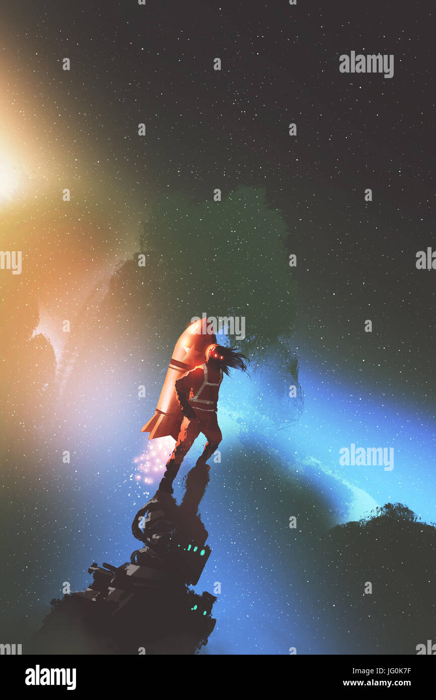 the spaceman with red jetpack rocket standing against starry sky ...